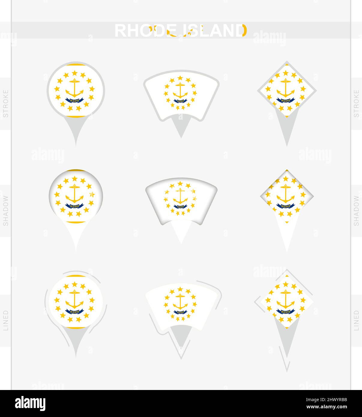 Rhode Island flag, set of location pin icons of Rhode Island flag ...