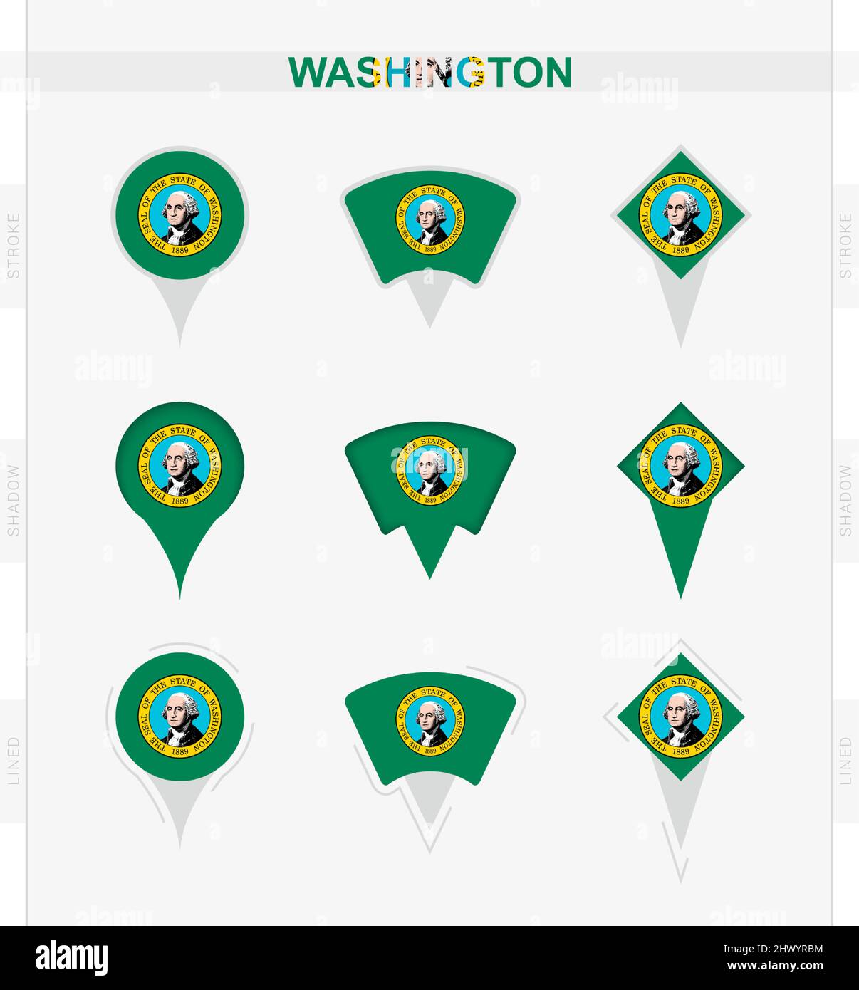 Washington flag, set of location pin icons of Washington flag. Vector ...