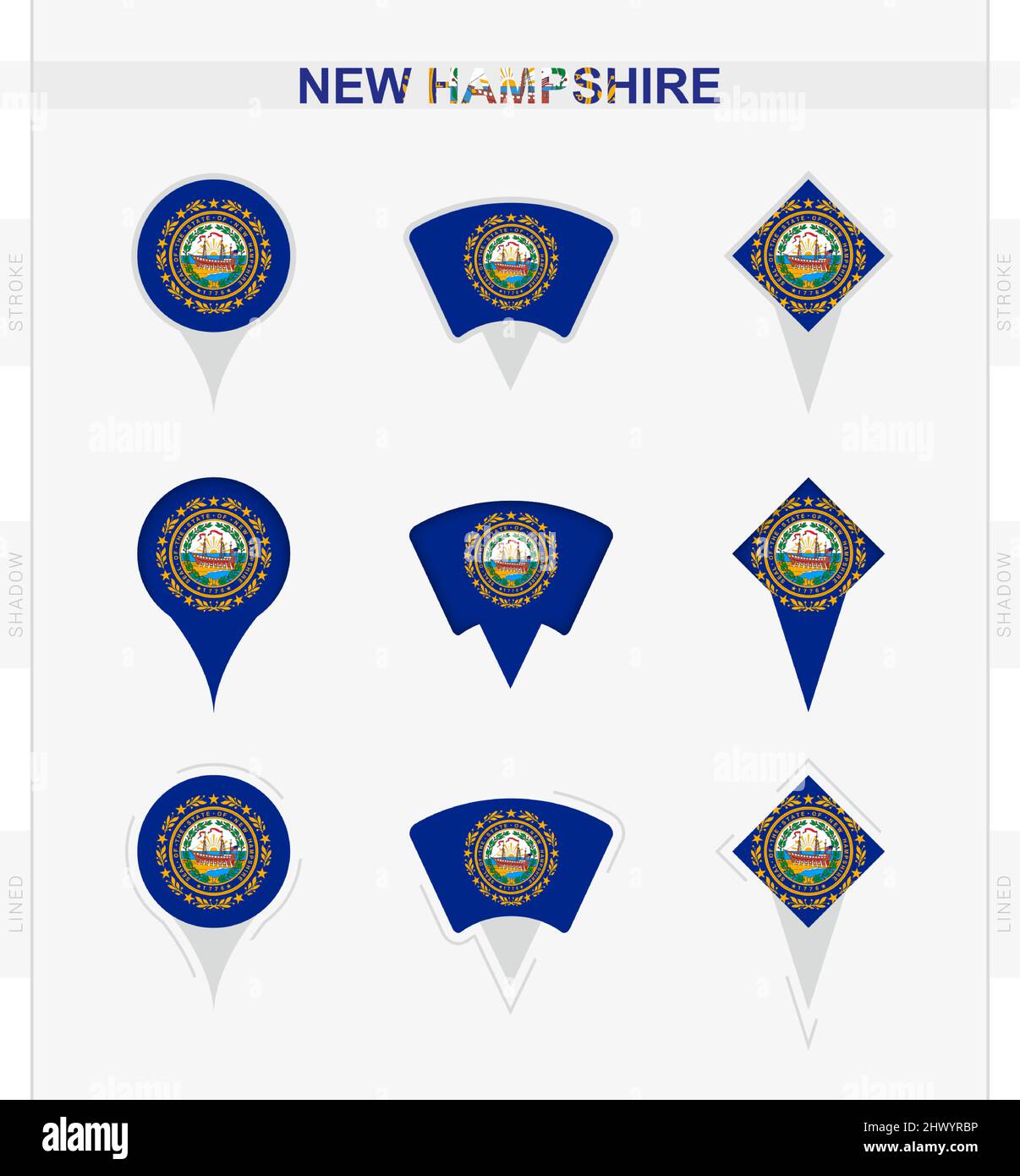 New Hampshire flag, set of location pin icons of New Hampshire flag ...