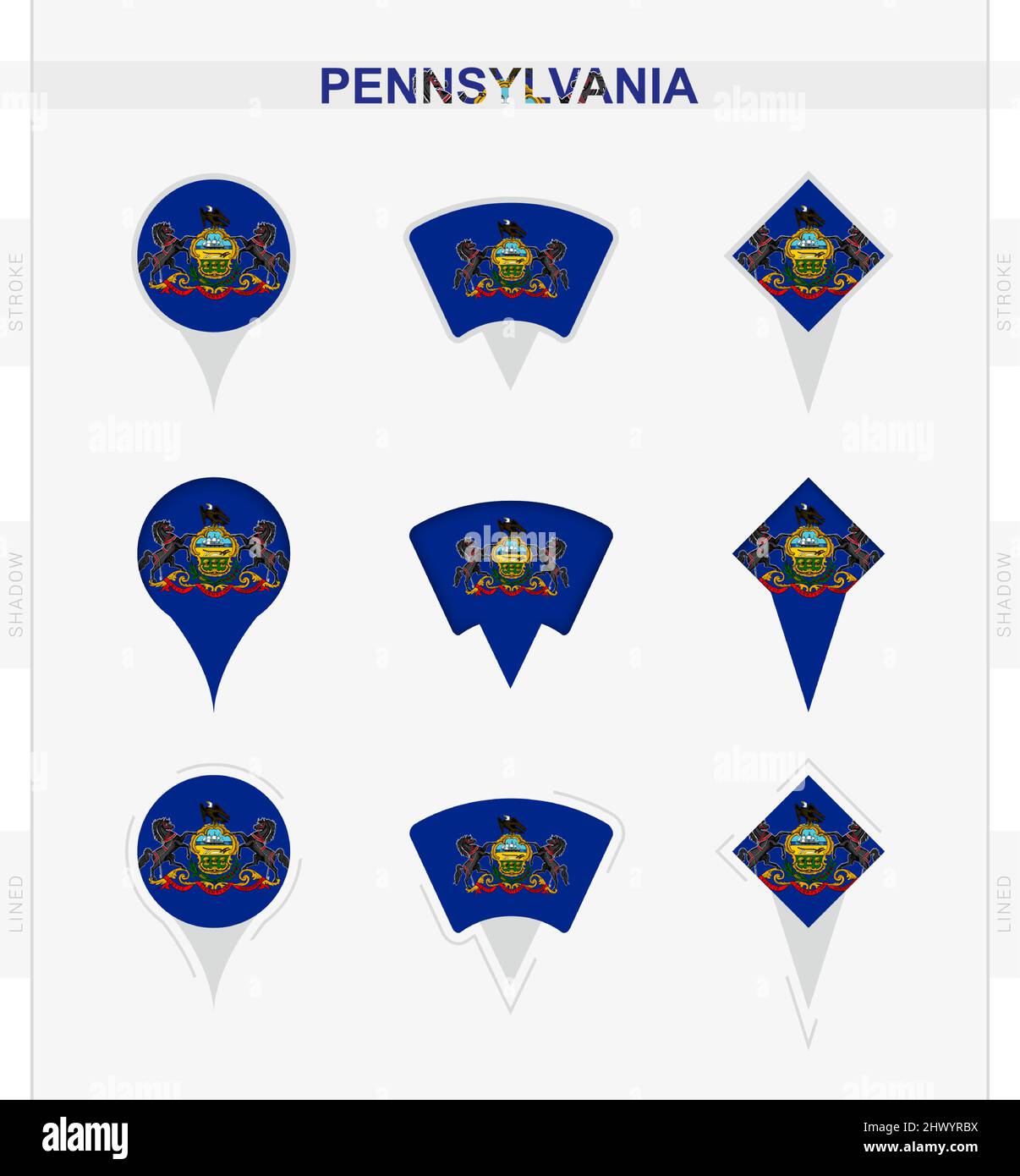 Pennsylvania flag, set of location pin icons of Pennsylvania flag ...