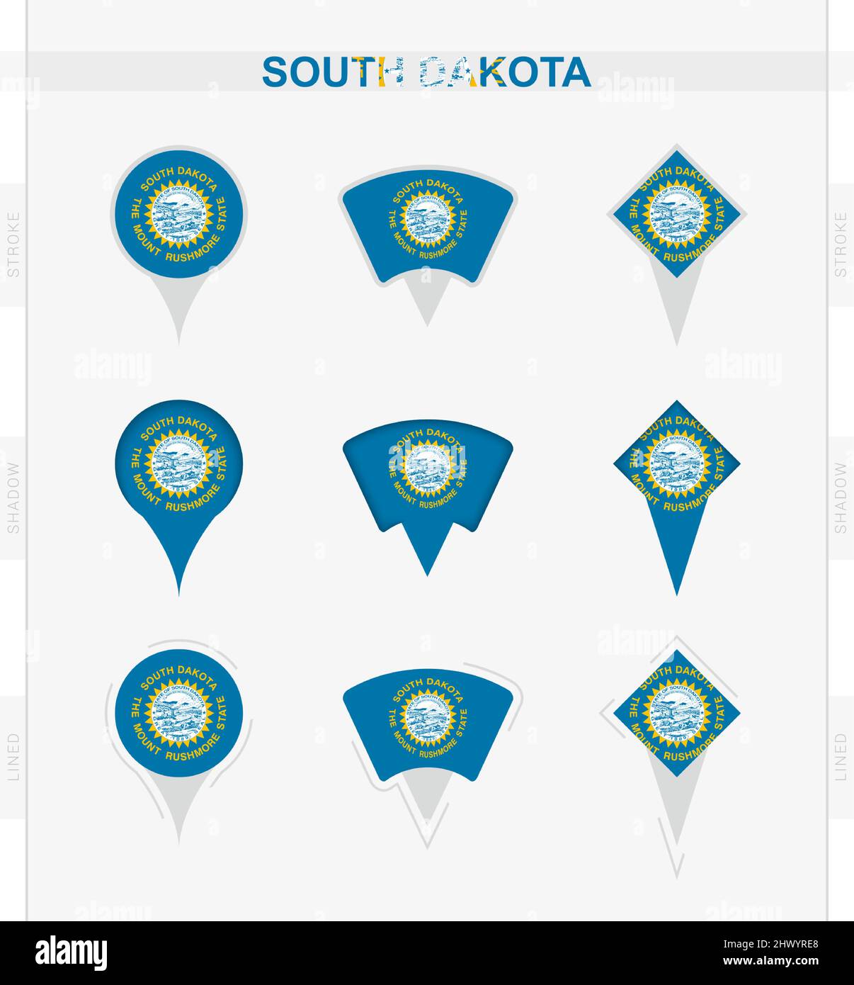 South Dakota flag, set of location pin icons of South Dakota flag ...