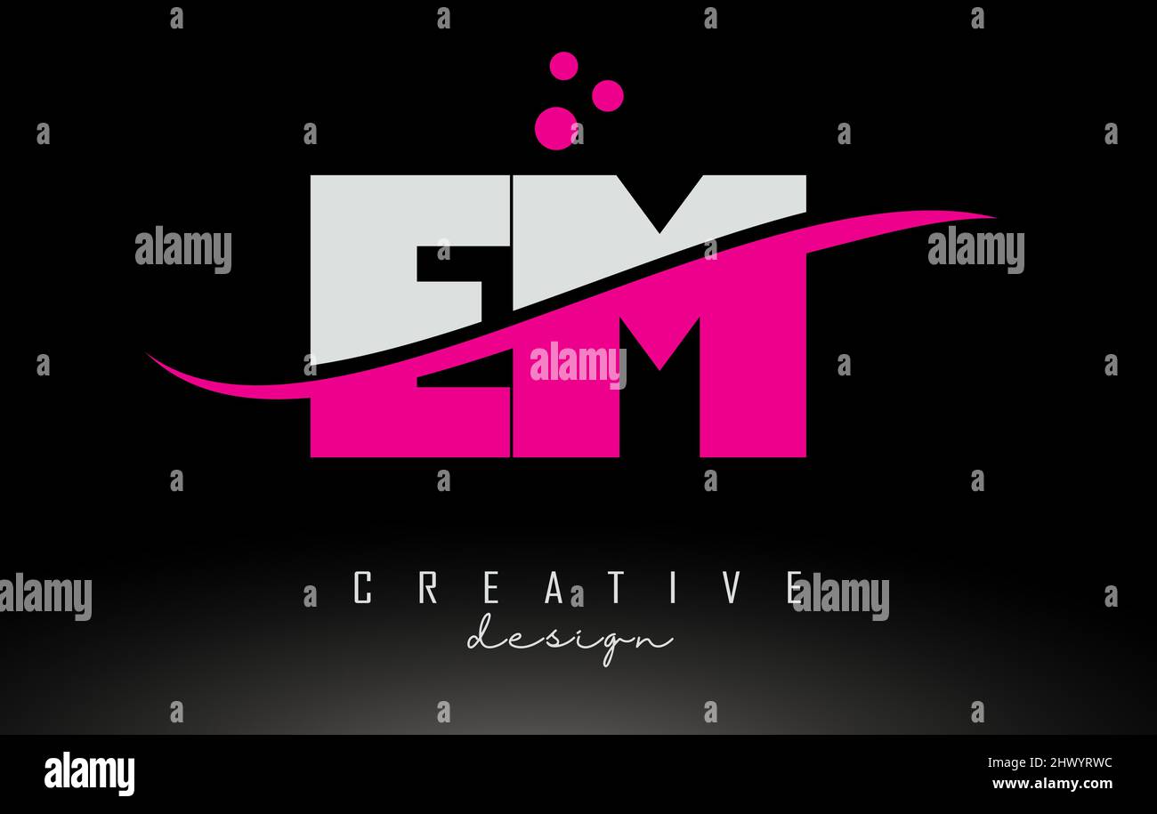 EM E M white and pink Letter Logo with Swoosh and Curved Lines Stock ...