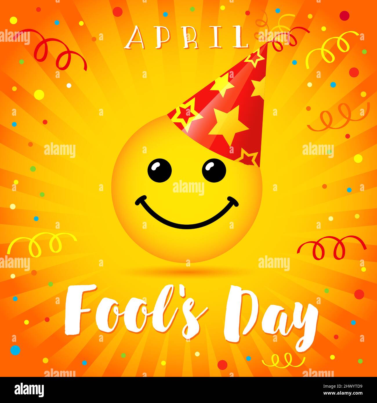 April fools day card happy smile face in party hat over colorful ...