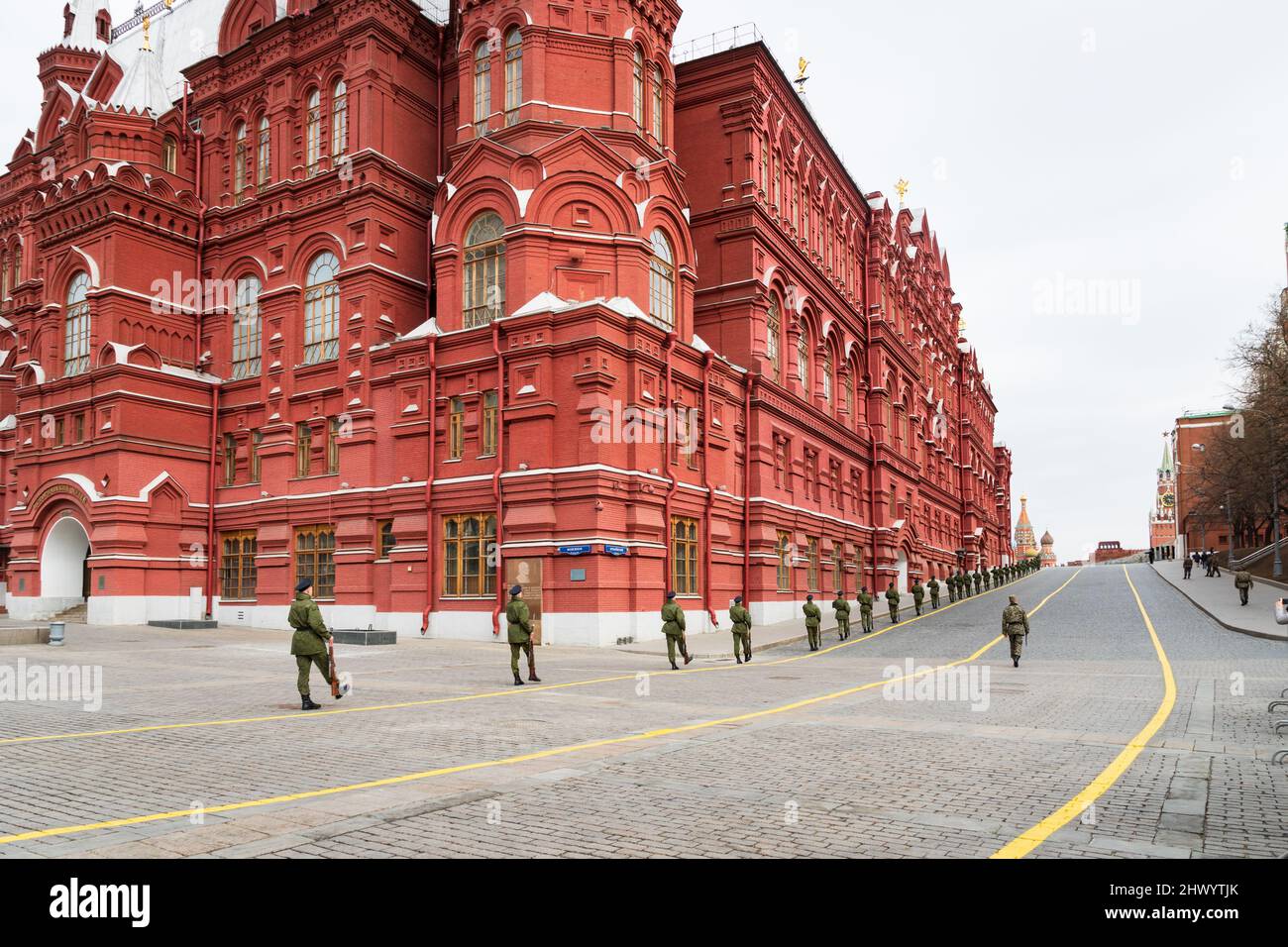 Moscow, Russia - April 2019: Russian military soldiers marching besides ...