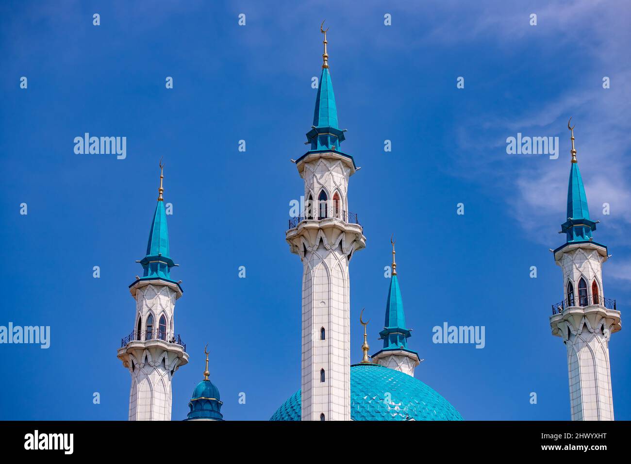Beautiful panorama white islamic mosque with blue roof background sky ...