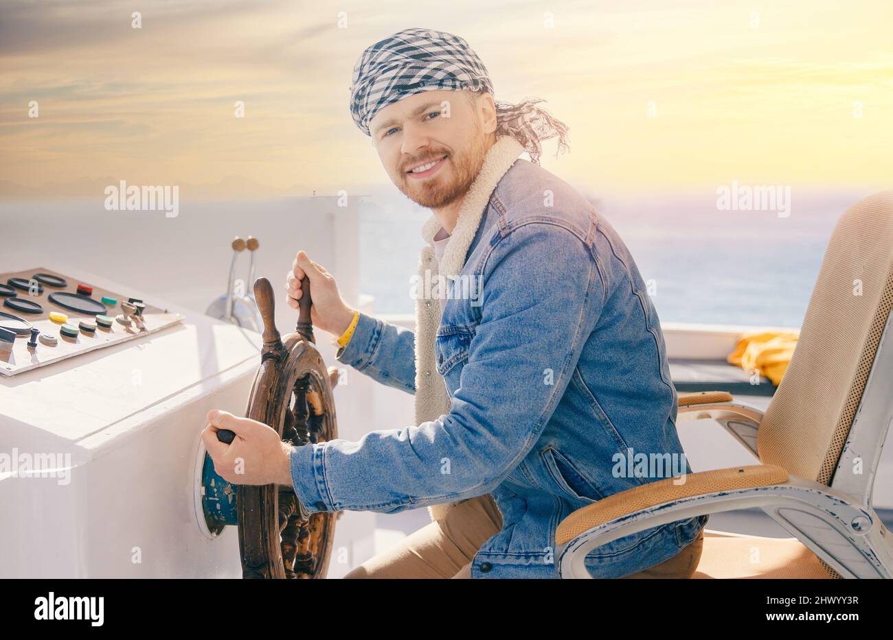Smile happy man on keffiyeh or arabic shawl, driver captain of white ...