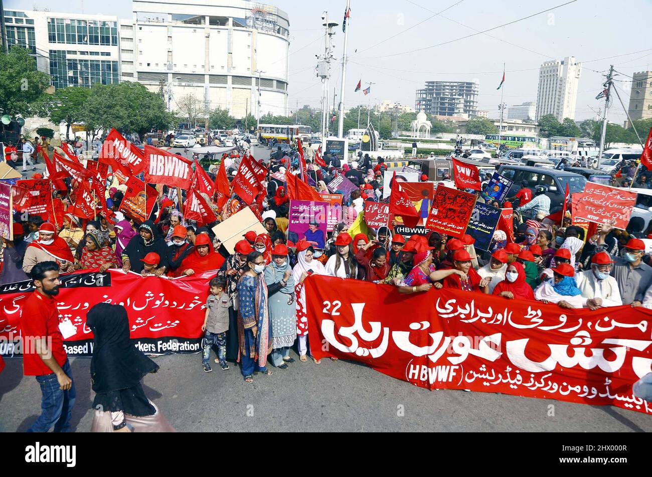 Hyderabad, Pakistan, March 08, 2022. Members of Home Based Women ...