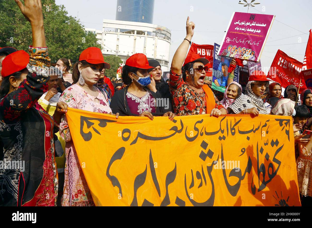 Hyderabad, Pakistan, March 08, 2022. Members of Home Based Women ...