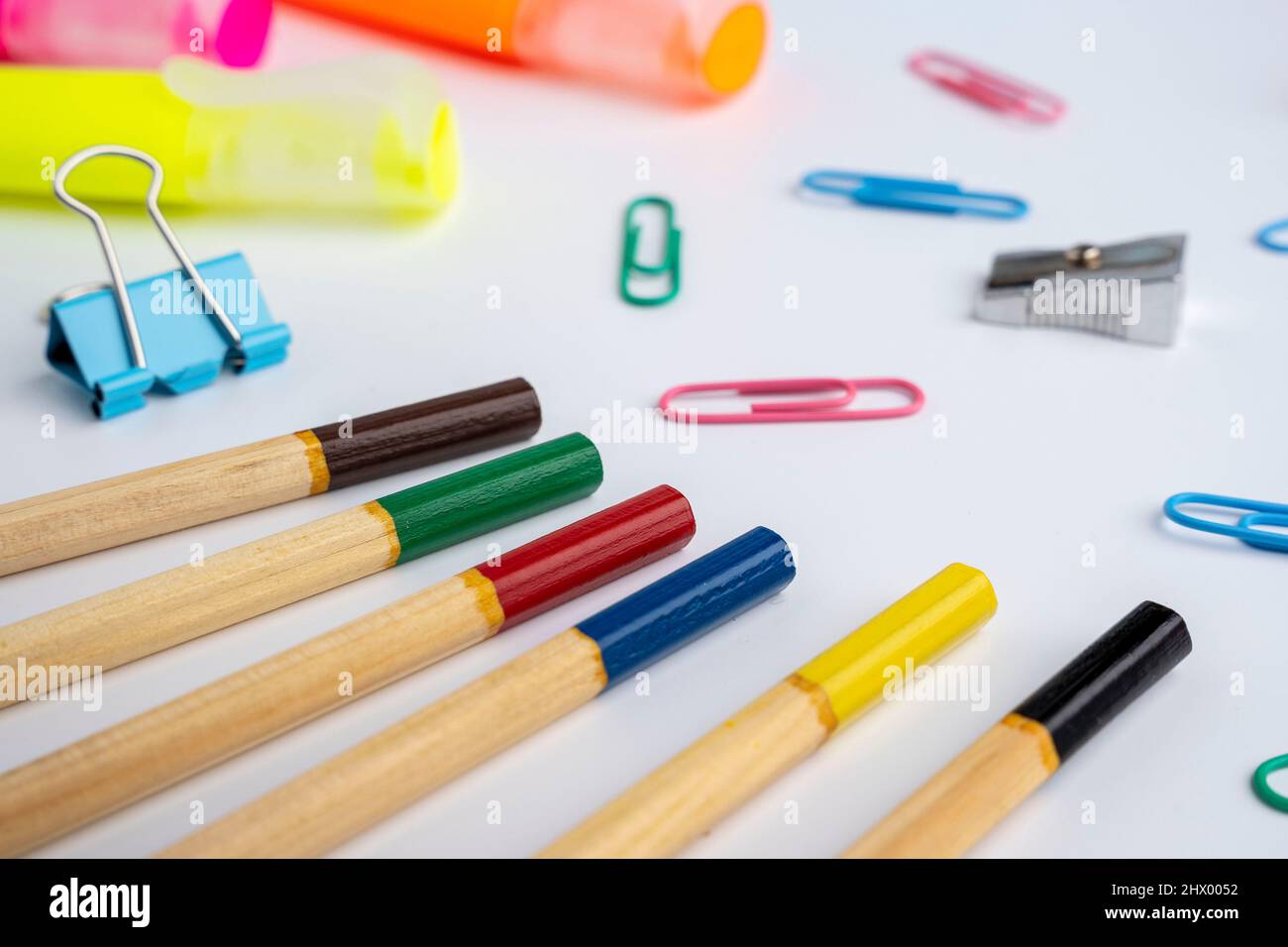 stationery, colored pencils and pencil sharpener, text separators and ...