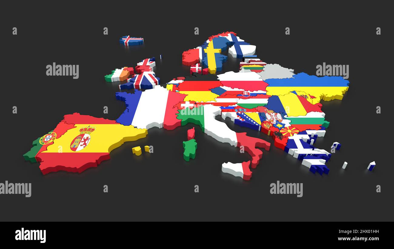 Map of Europe with the flags of each country - 3D Rendering Stock Photo ...