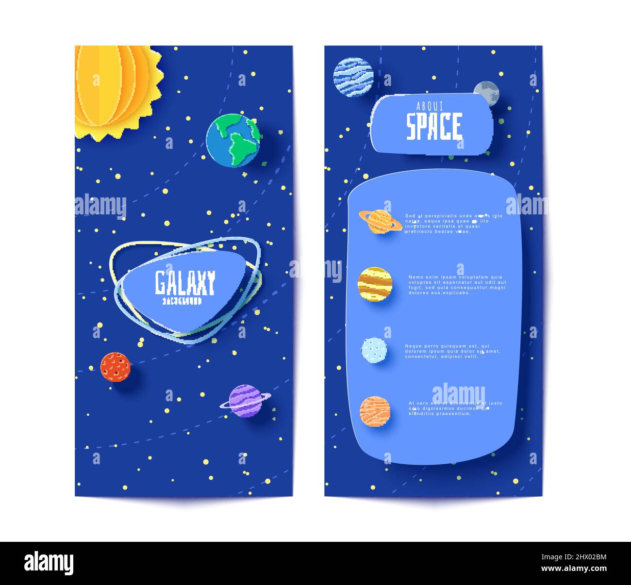Solar system flyers in paper cut style. Cartoon planets, red polygonal ...