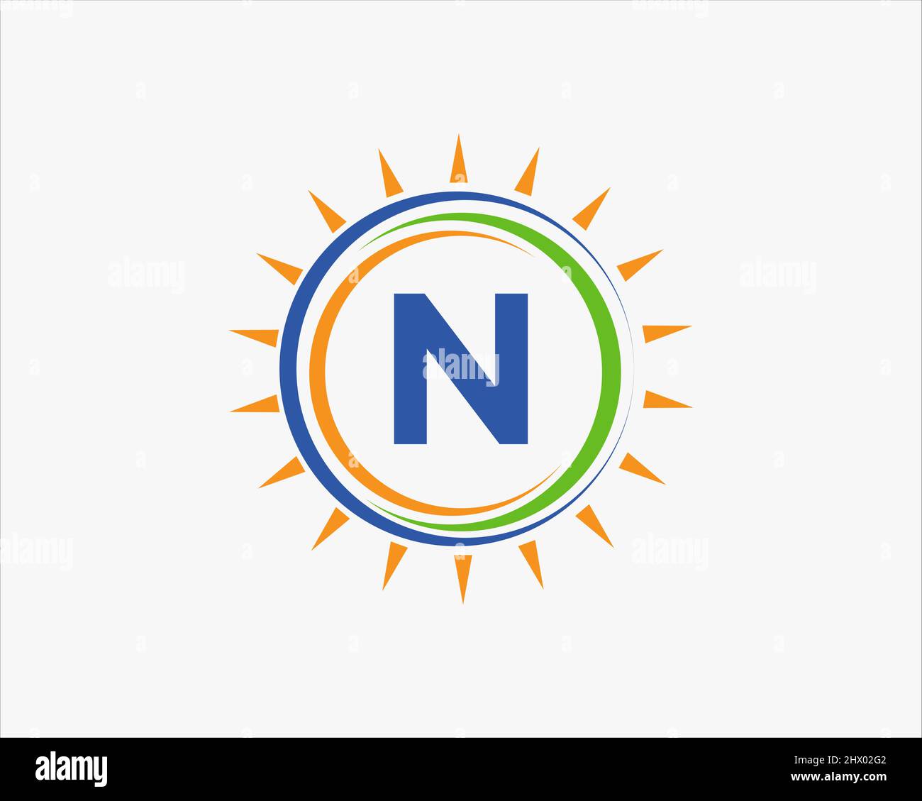 Sun Solar Energy Logo On Letter N Template. N Letter Solar Logo Design ...