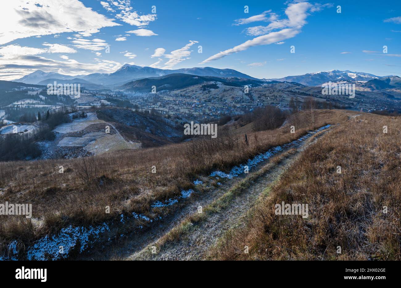 Winter coming. Last good weather days in autumn mountain countryside ...