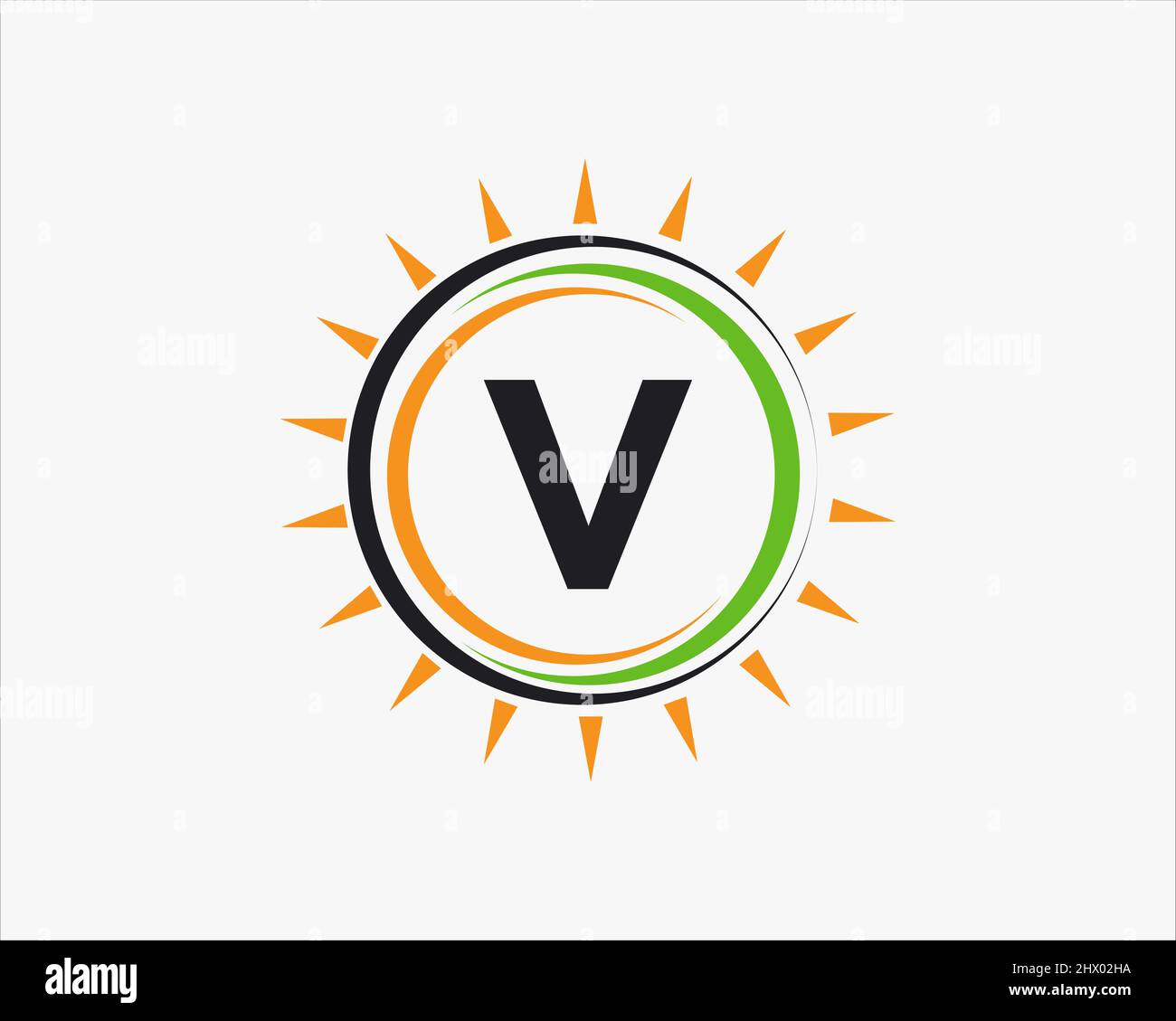 Sun Solar Energy Logo On Letter V Template. V Letter Solar Logo Design ...