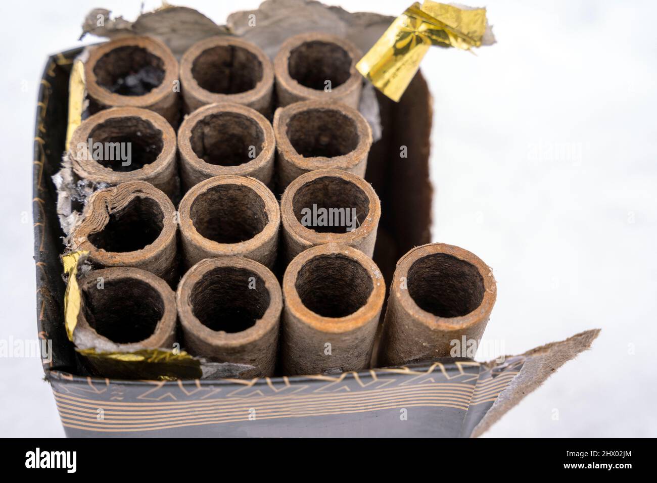 Used burnt fireworks in a box after an explosion on a holiday. Birthday ...