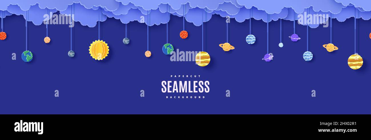 Night sky seamless pattern with planets on rope in paper cut style. Cut ...