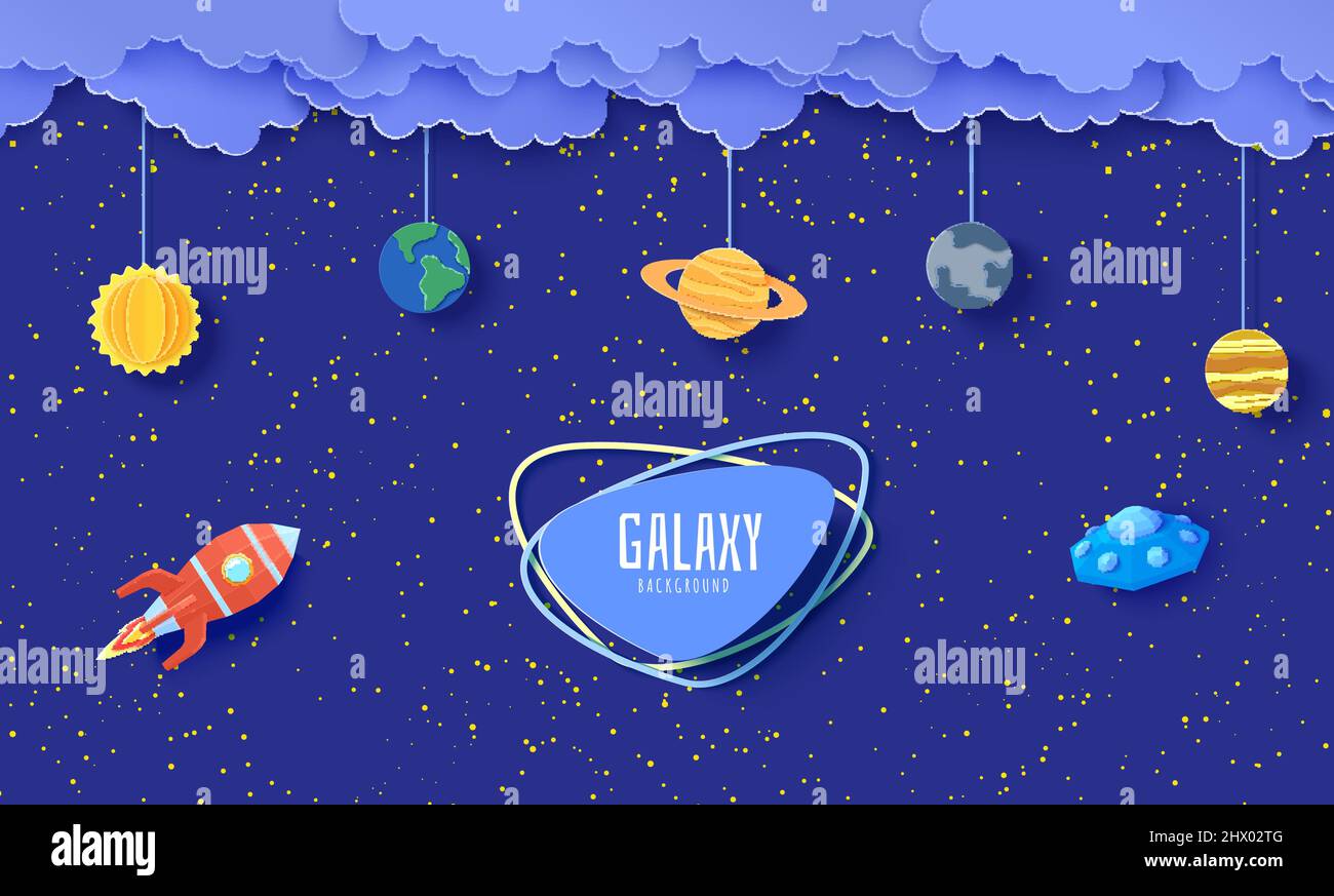 Solar system model in paper cut style. Cartoon planets, red polygonal ...