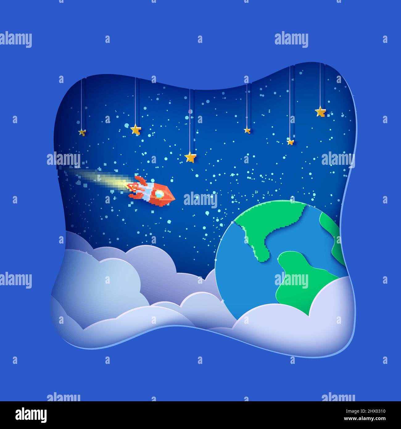Space landscape in paper cut style. Cartoon Earth planet, red polygonal ...