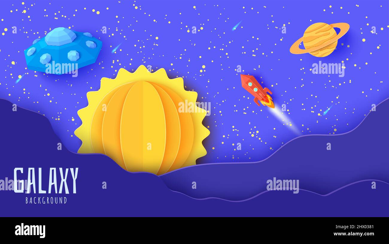 Space landscape in paper cut style. Cartoon Sun and Saturn planets, red ...