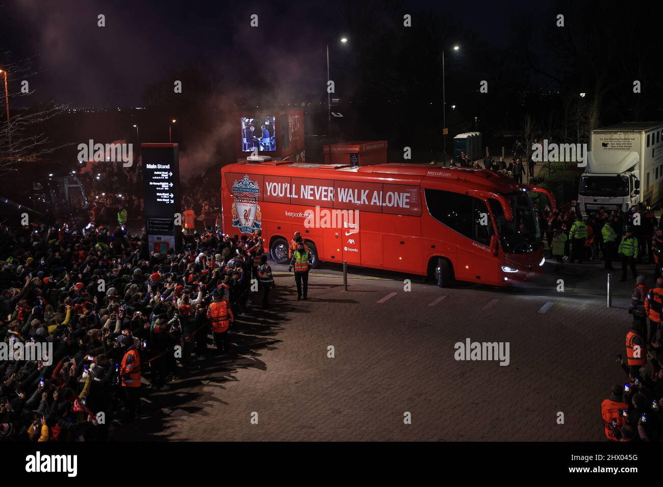 Liverpool team coach arrives at Anfield Stock Photo - Alamy