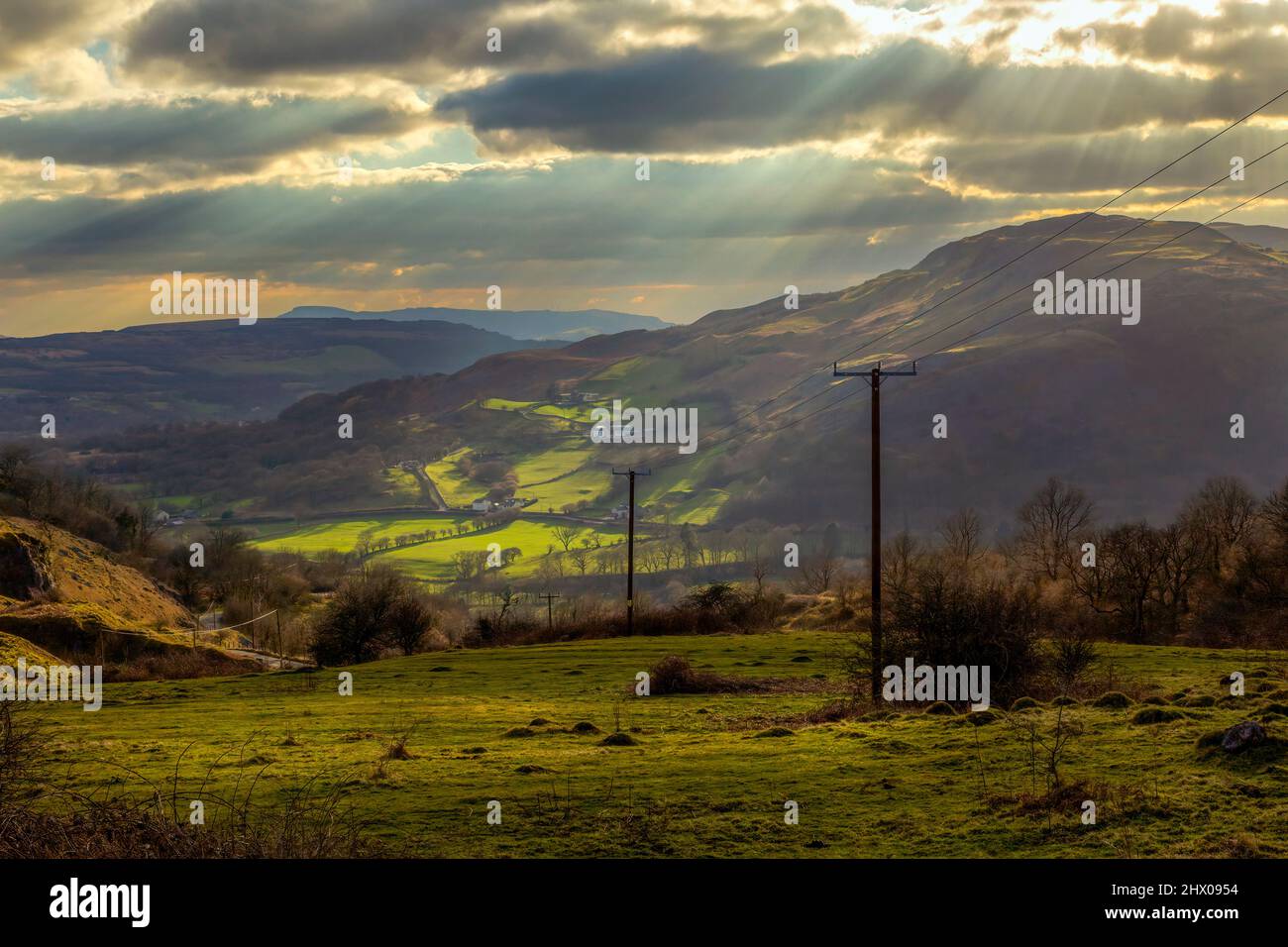 Cribarth mountain AKA The Sleeping Giant bathed in light shafts in the ...