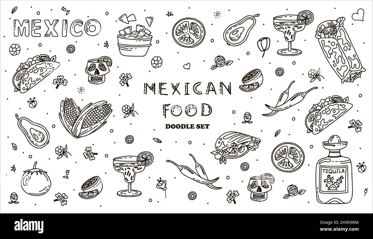 Mexican cuisine, vector doodle food set. National spicy food, fast food ... Mexican cuisine, vector doodle food set. National spicy food, fast food ...