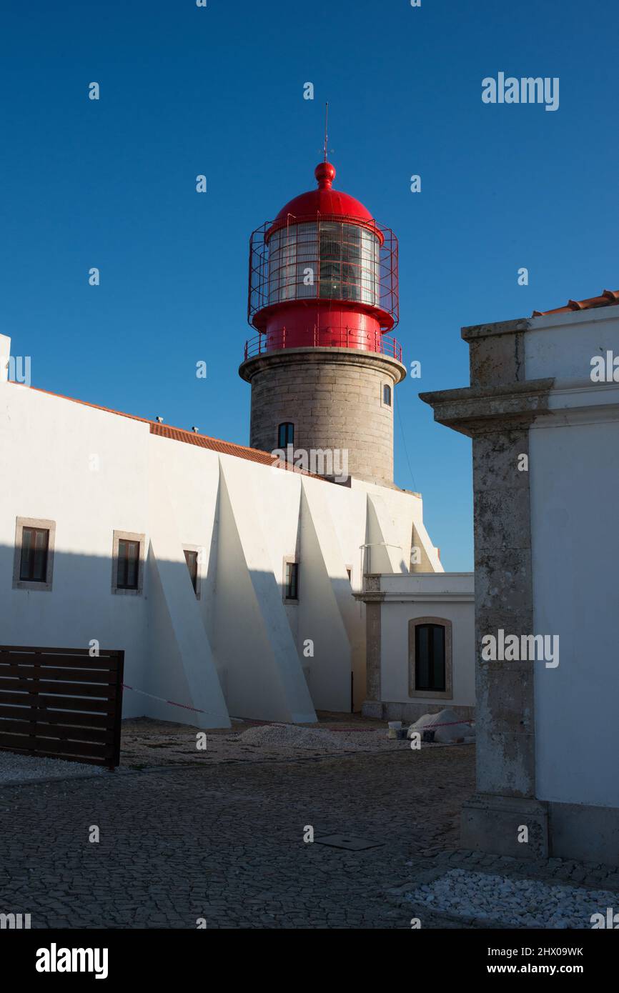 White building next to the Lighthouse at Cape st Vincent, ALgarve ...