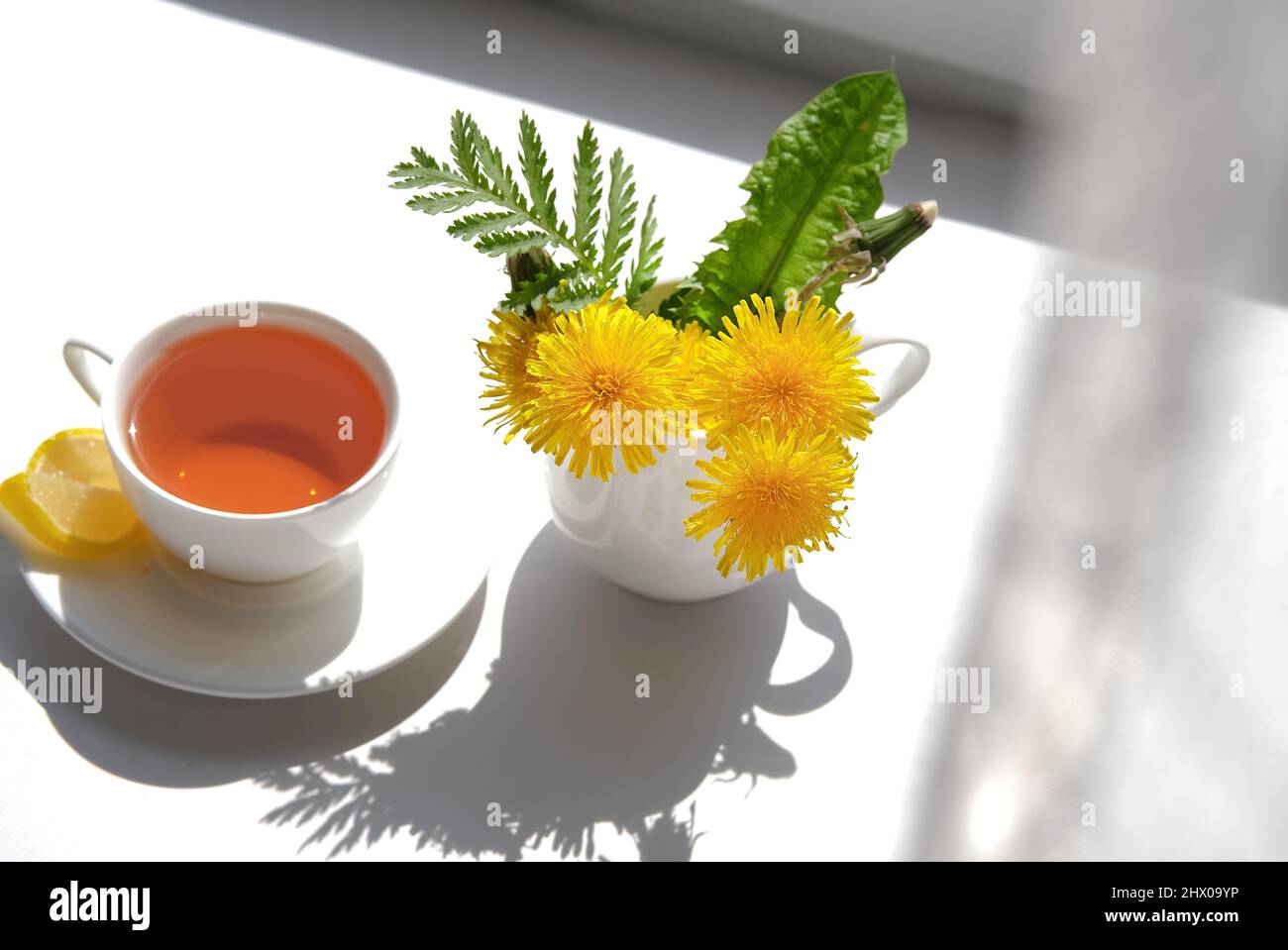 Cup of tea, dandelion flowers and phone. Spring morning Stock Photo - Alamy