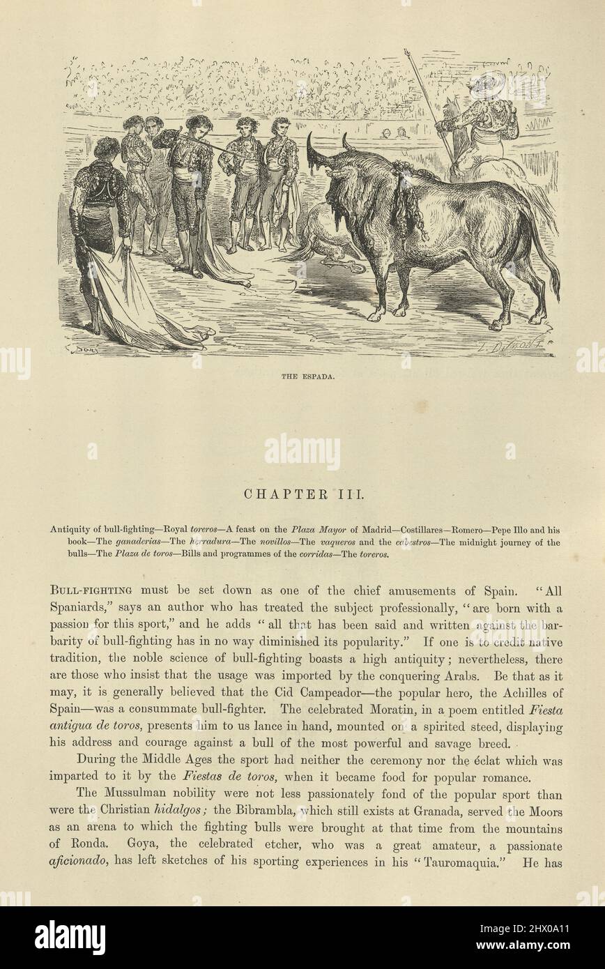 Vintage illustration of Bullfighting, matador facing a bull with a ...