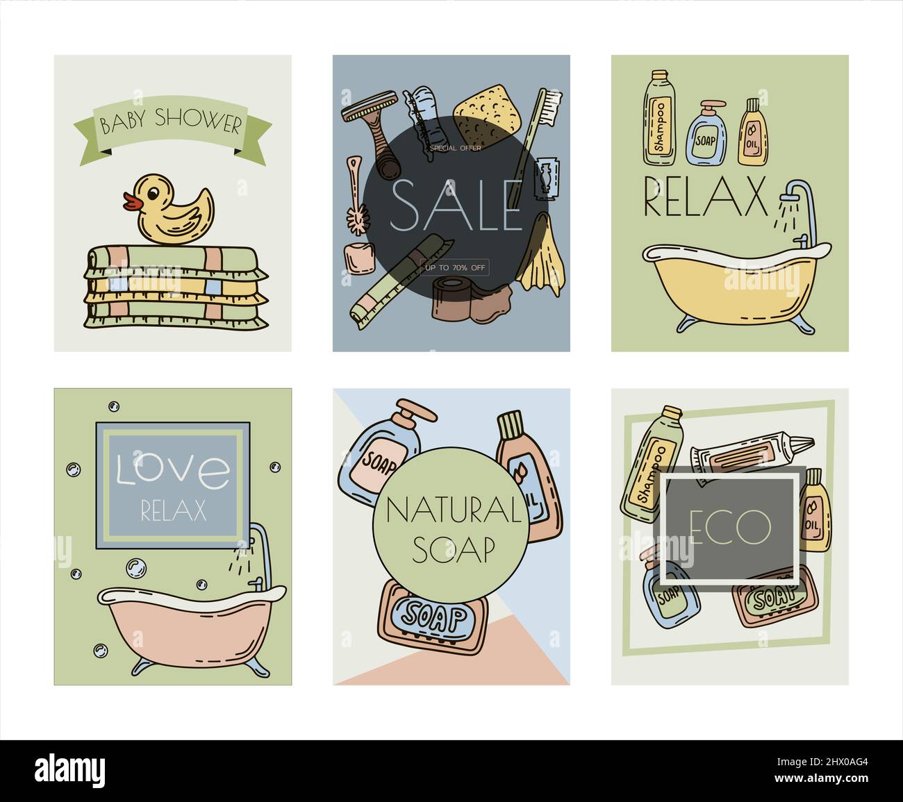 Bath doodle vector illustration. Hand draw banners of home bathroom ...