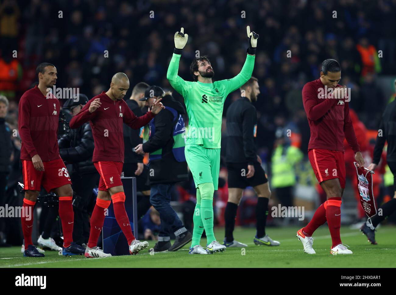 Liverpool, England, 8th March 2022. Alisson Becker of Liverpool looks ...