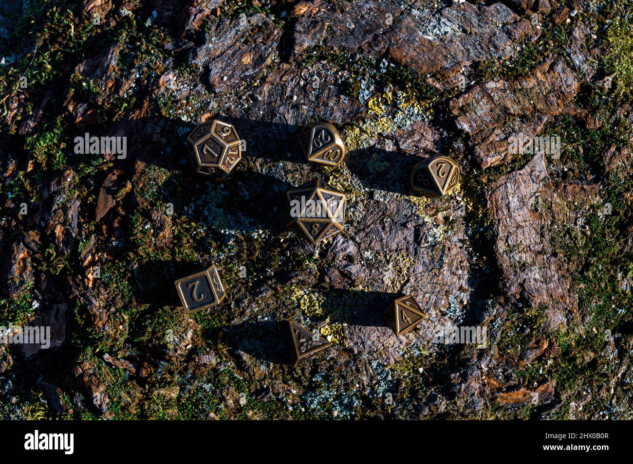 Overhead image of a set of metallic dice on a wooden surface in the sun ...