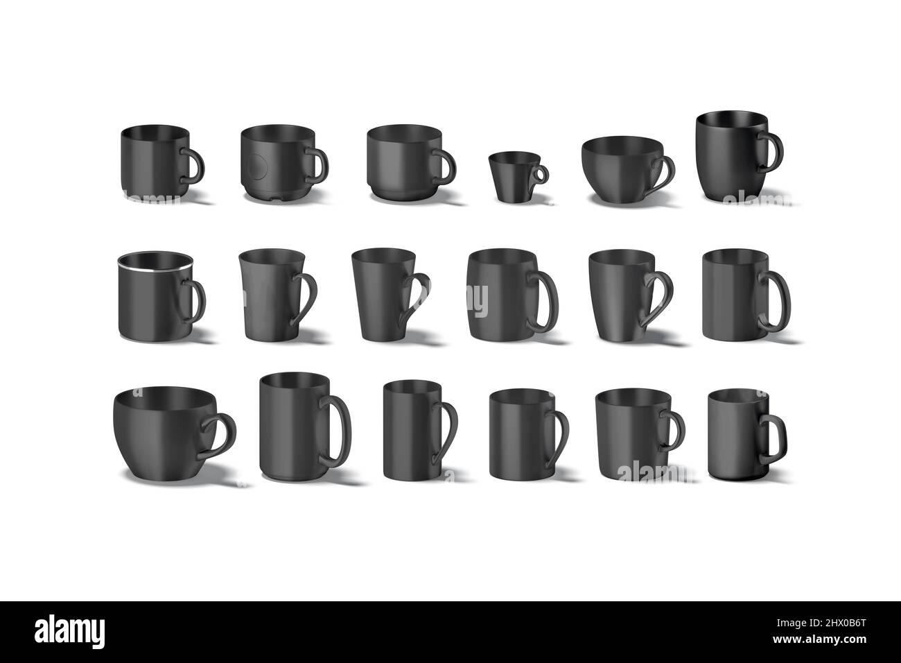 Blank black ceramic mug mockup, different types, side view Stock Photo ...