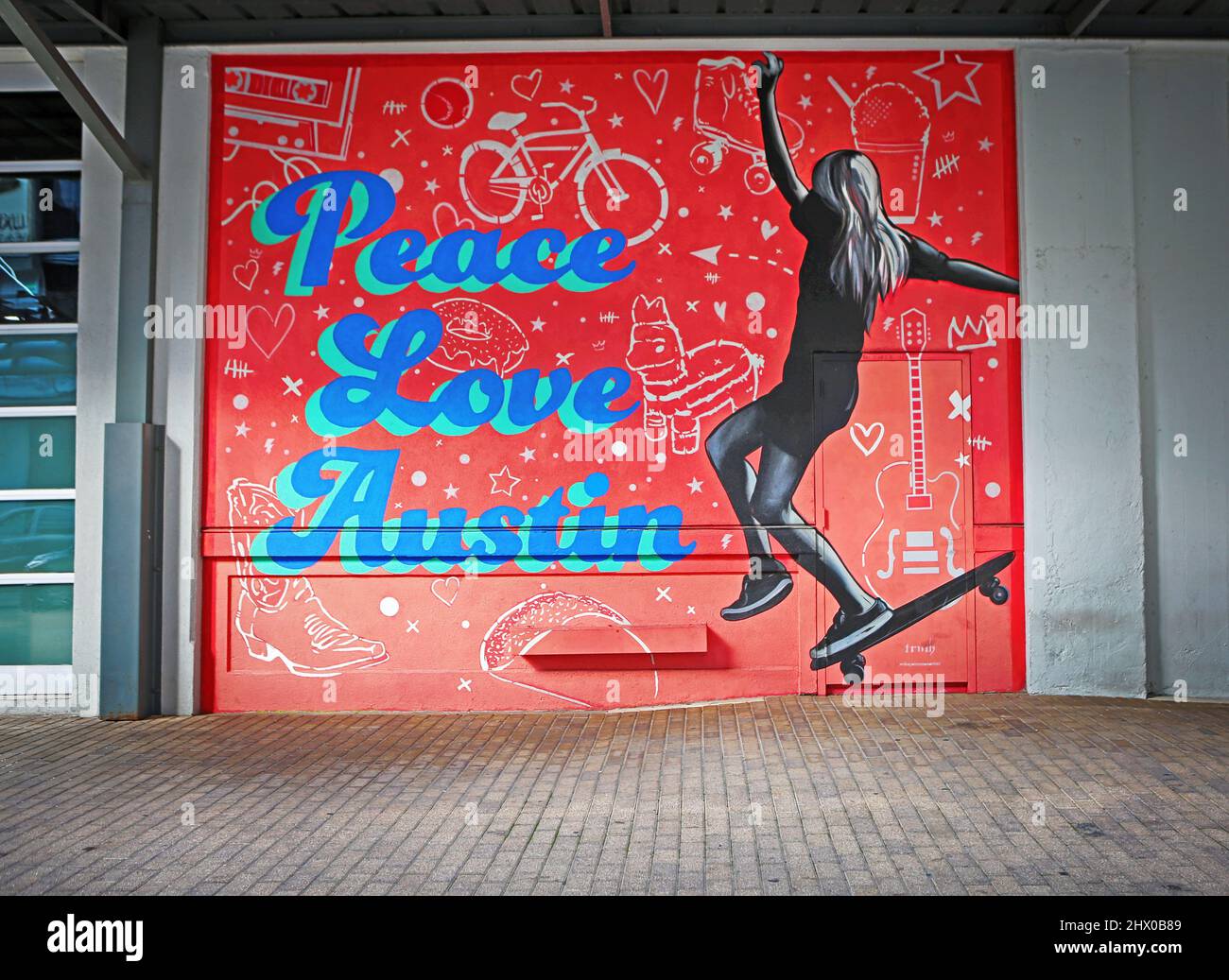 AUSTIN, TEXAS - MAR 5, 2022: Peace, Love, Austin - symbolic poster in ...