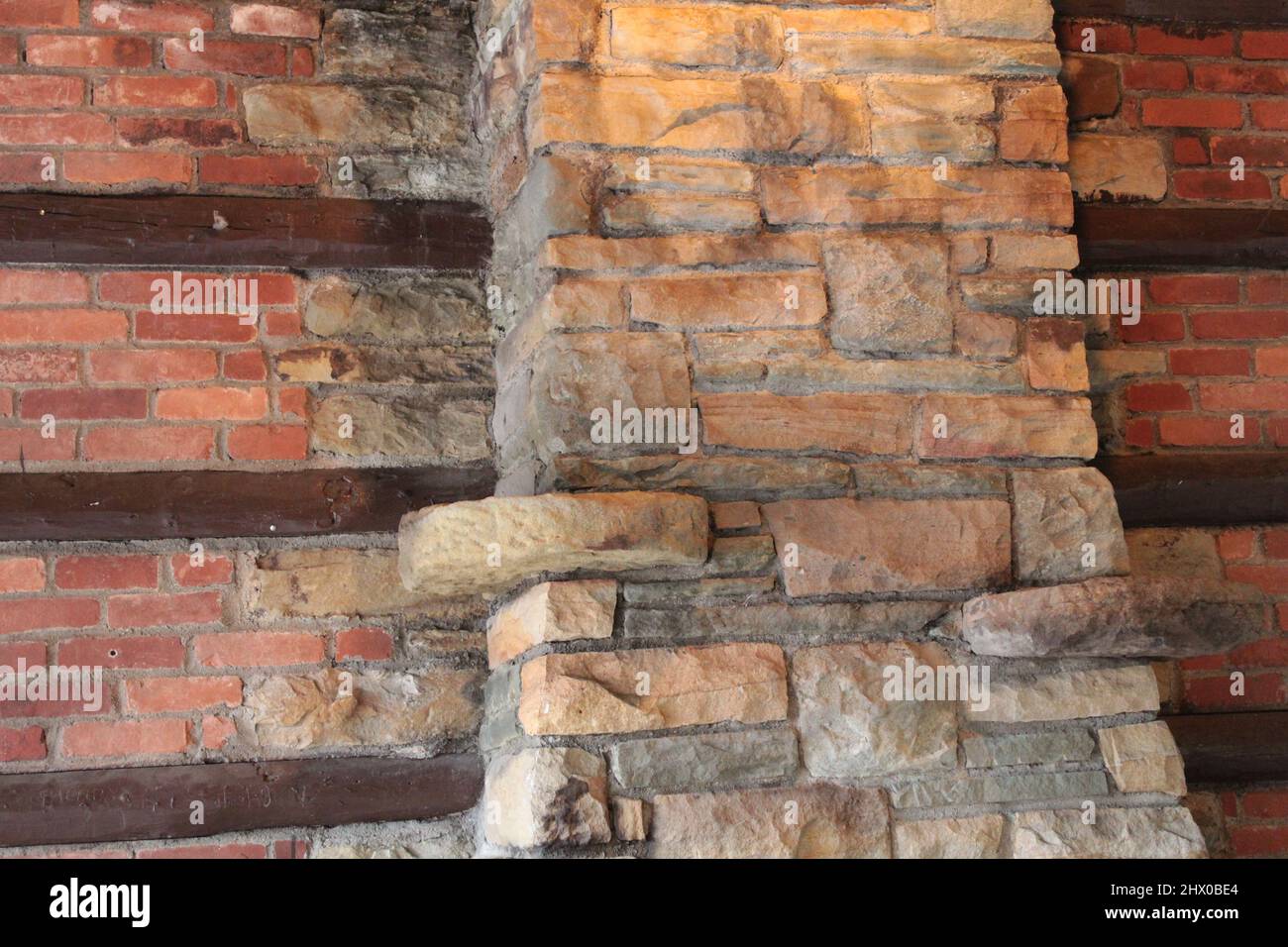 Stone chimney with brick wall Stock Photo - Alamy