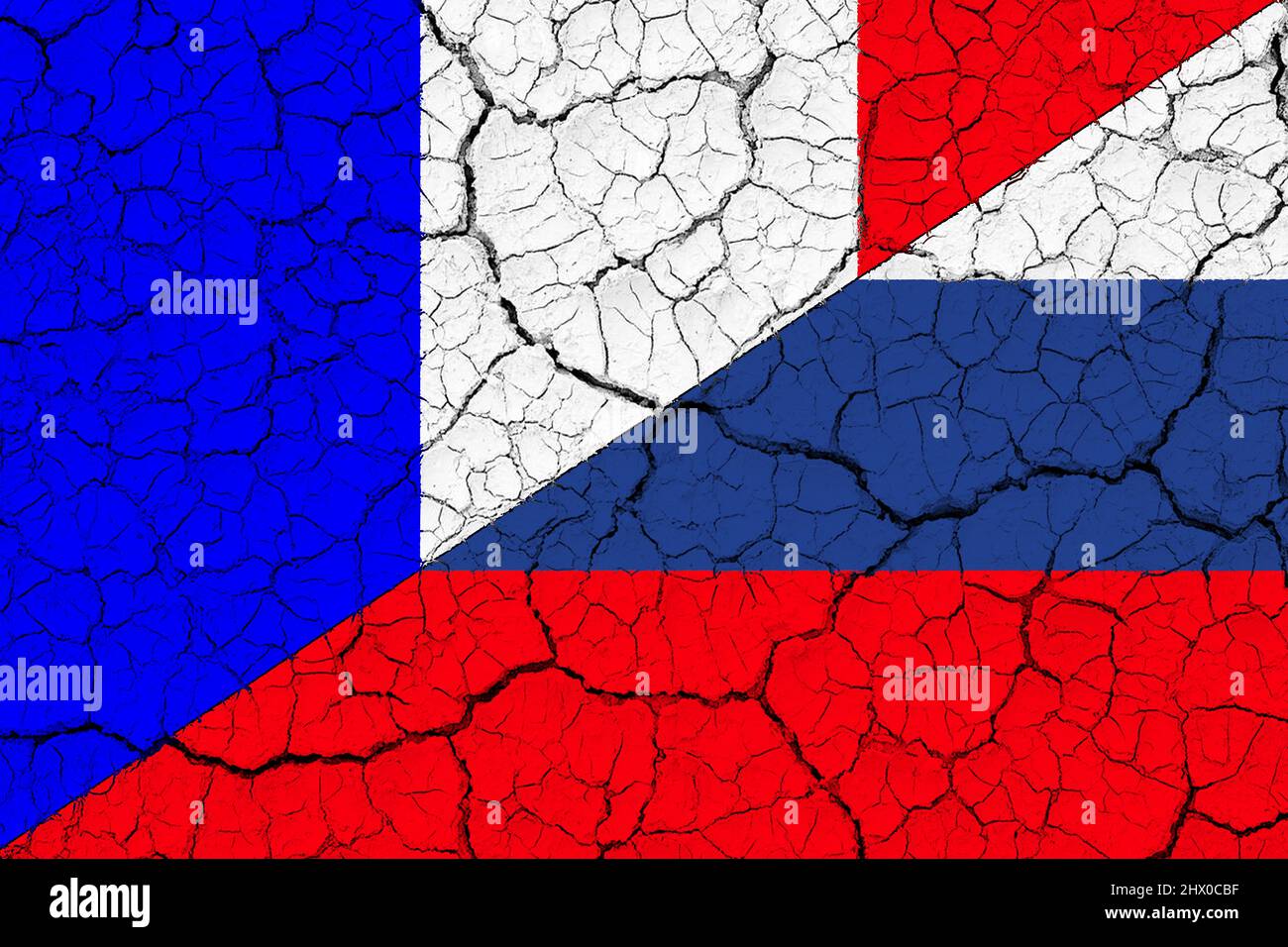 Conflict between Russia and France war concept. Russian flag and France ...