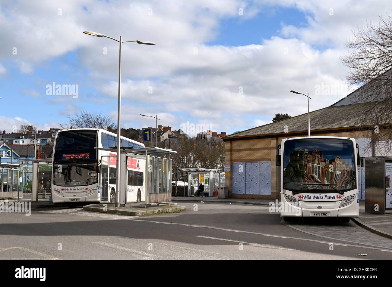 Aberystwyth, Wales - March 2022: Public service buses waiting at the ...