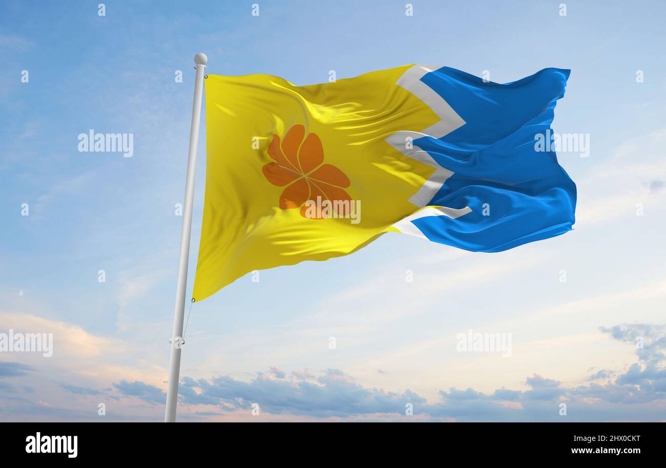 flag of Vina del Mar , Chile at cloudy sky background on sunset ...