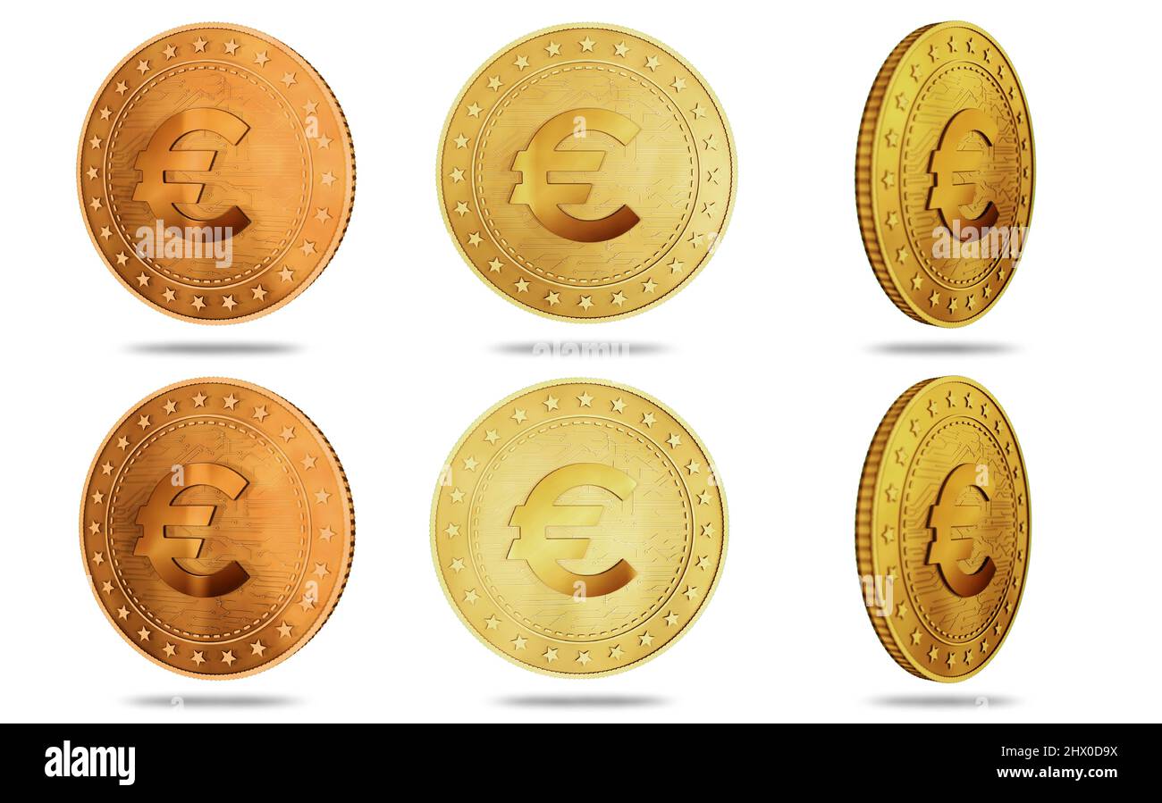 Euro EUR currency in EU symbol isolated gold coin on green screen ...