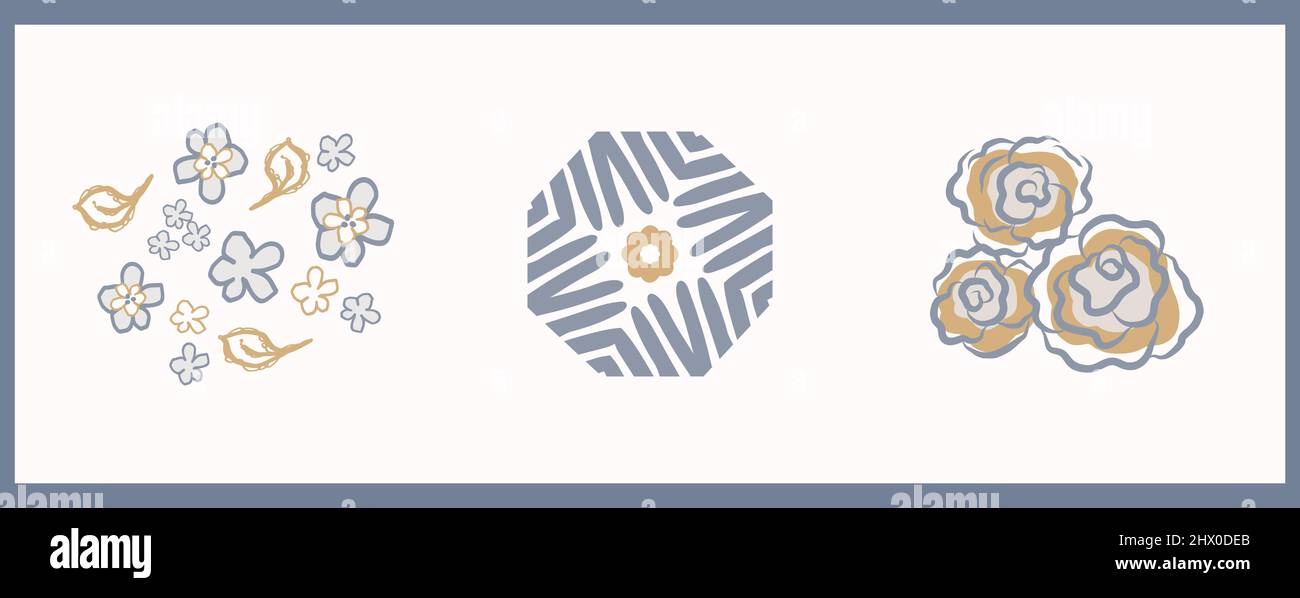 French floral motif set. Tonal farmhouse cottage style. Simple vintage ...