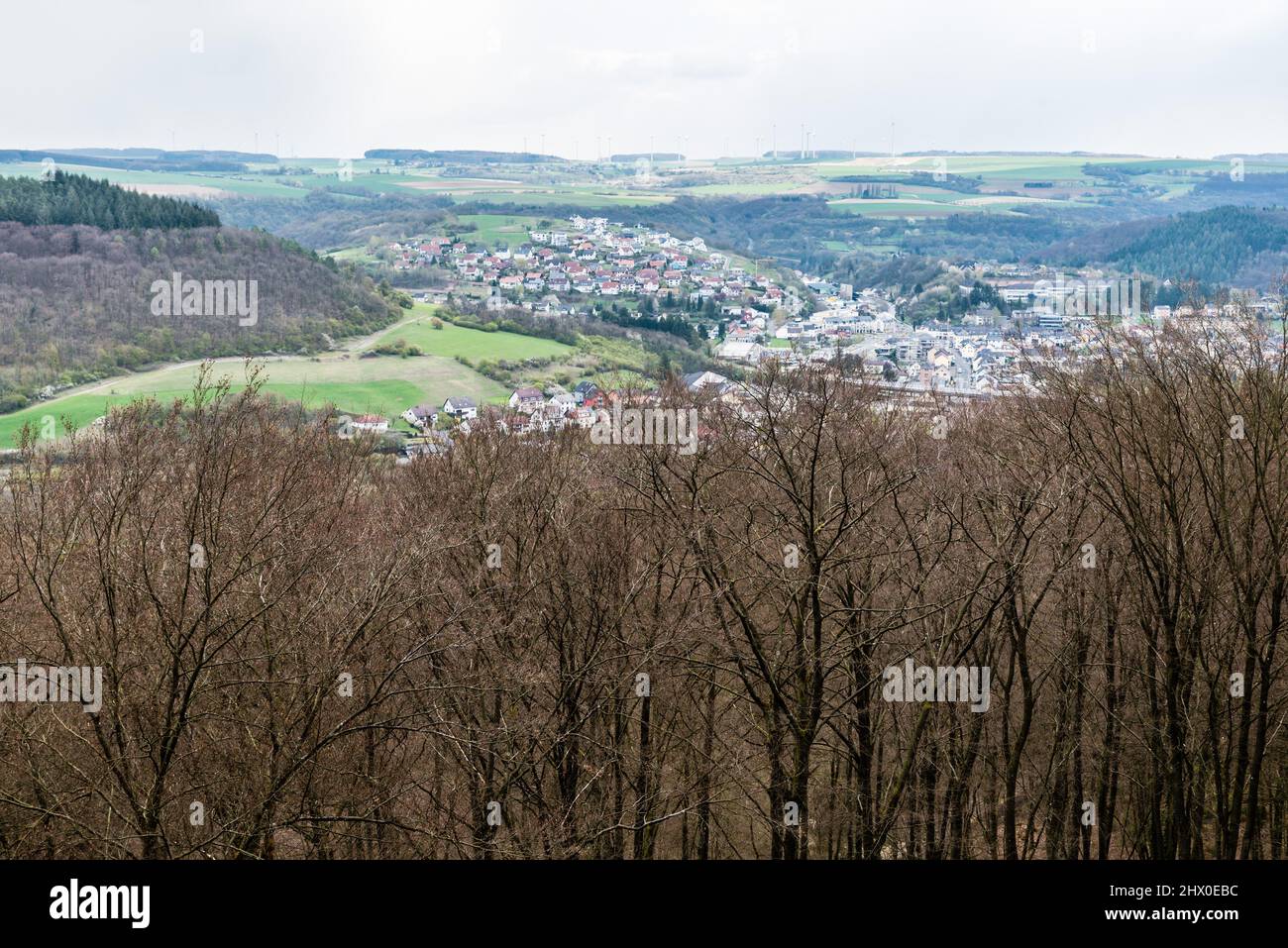 Panoramic landscape view over the valley of the river Prum, the woods ...