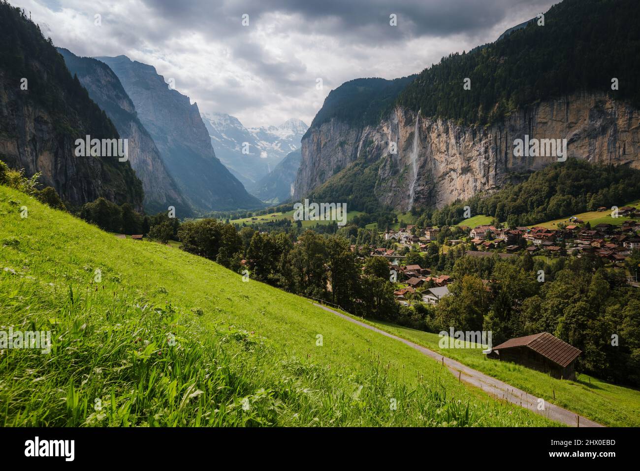 Great view of alpine village glowing by sunlight. Picturesque and ...
