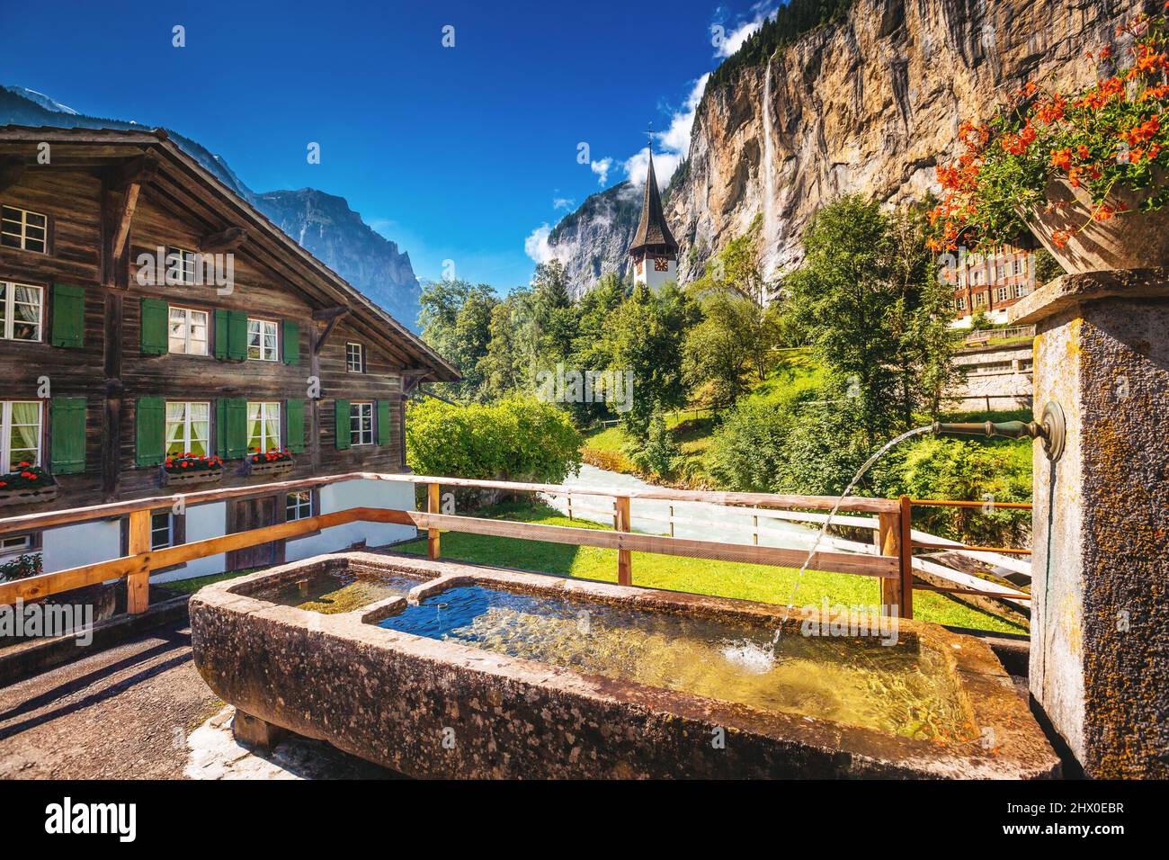 Great view of alpine village glowing by sunlight. Picturesque and ...