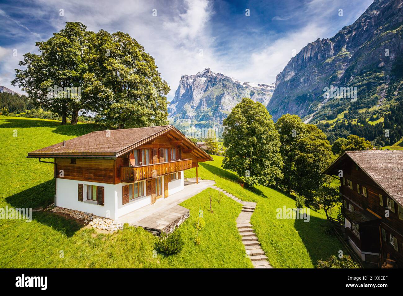 Impressive view of alpine Eiger village. Picturesque and gorgeous scene ...