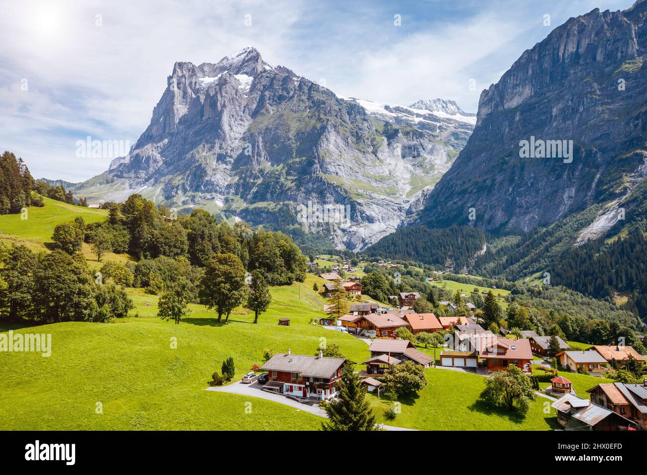 Impressive view of alpine Eiger village. Picturesque and gorgeous scene ...