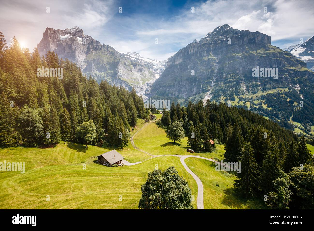 Impressive view of alpine Eiger village. Picturesque and gorgeous scene ...