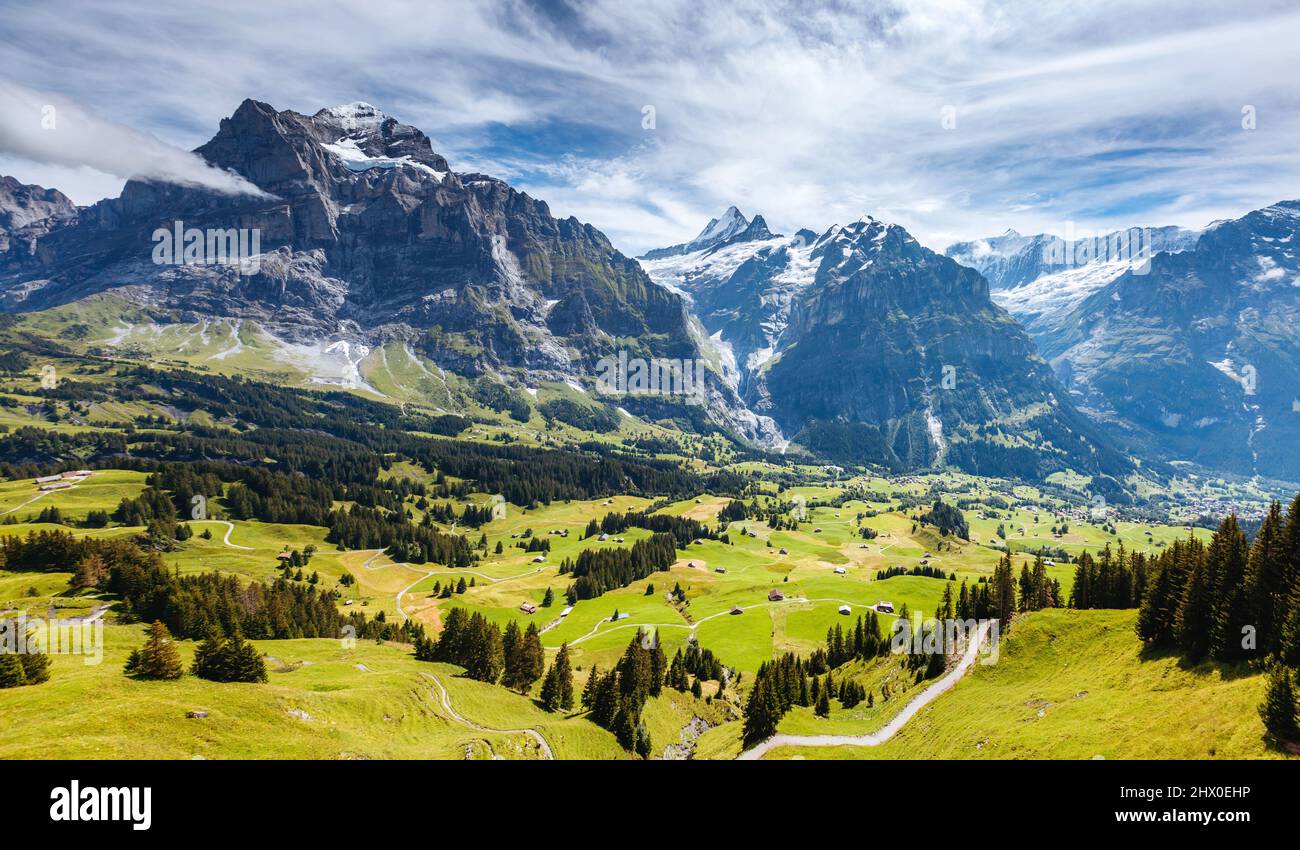 Impressive view of alpine Eiger village. Picturesque and gorgeous scene ...