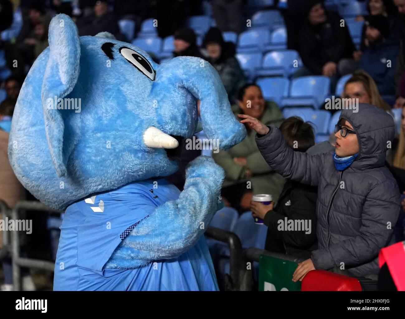 Coventry City mascot Sky Blue Sam interacts with fans during the Sky ...