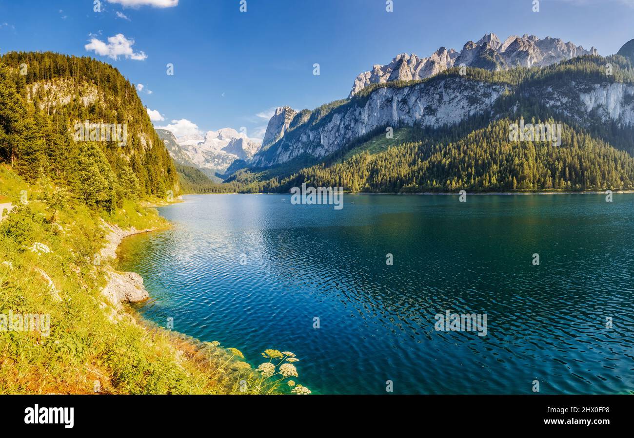 Great azure alpine lake Vorderer Gosausee. Picturesque and gorgeous ...