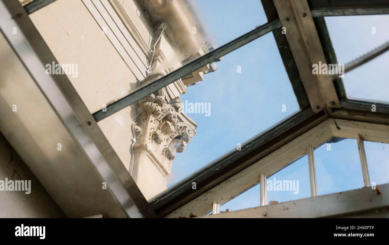 Roof details, as seen through the glass green house pavilion at the ...